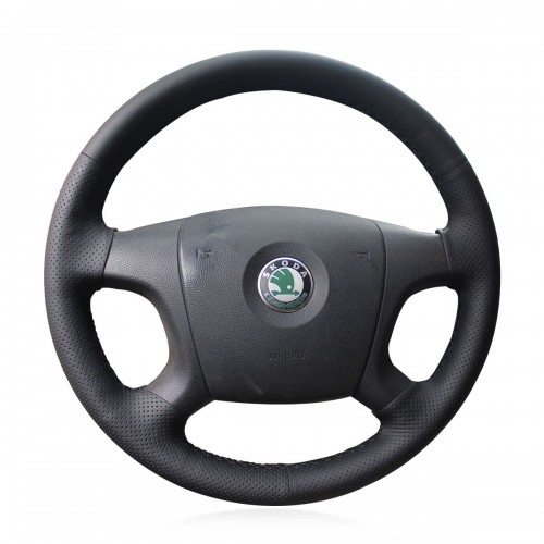 Loncky Auto Custom Fit OEM Black Genuine Leather Car Steering Wheel Cover for Skoda Octavia 2005 2006 2007 2008 2009 Skoda Fabia 2005 2006 2007 2008 2009 2010 Accessories